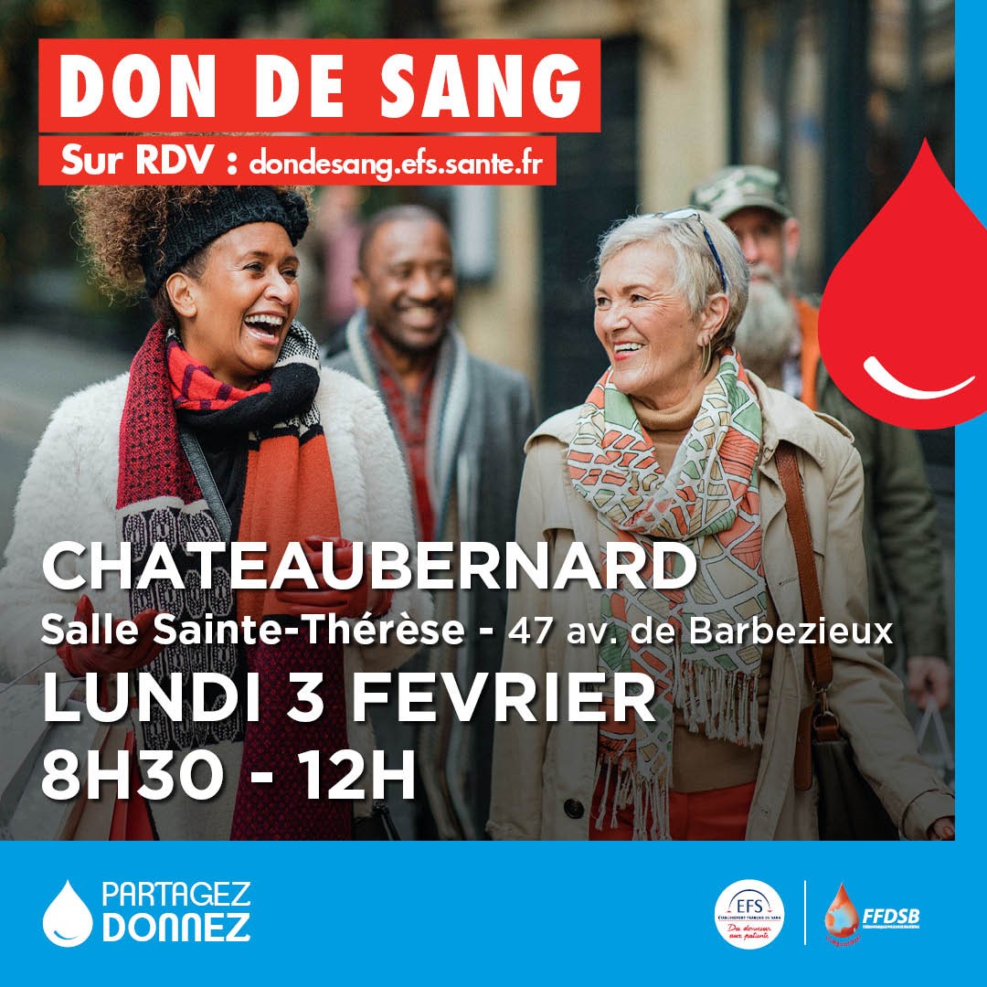 Don du sang – Lundi 03 février 2025 : Ville de Châteaubernard
